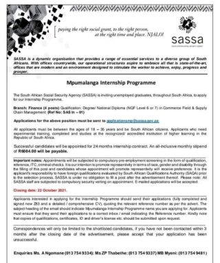 4 x SASSA: Finance Internships 2021 / 2022