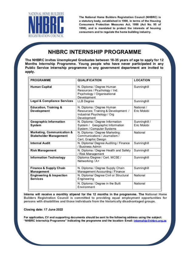 NHBRC: Internship Programme 2022 / 2023