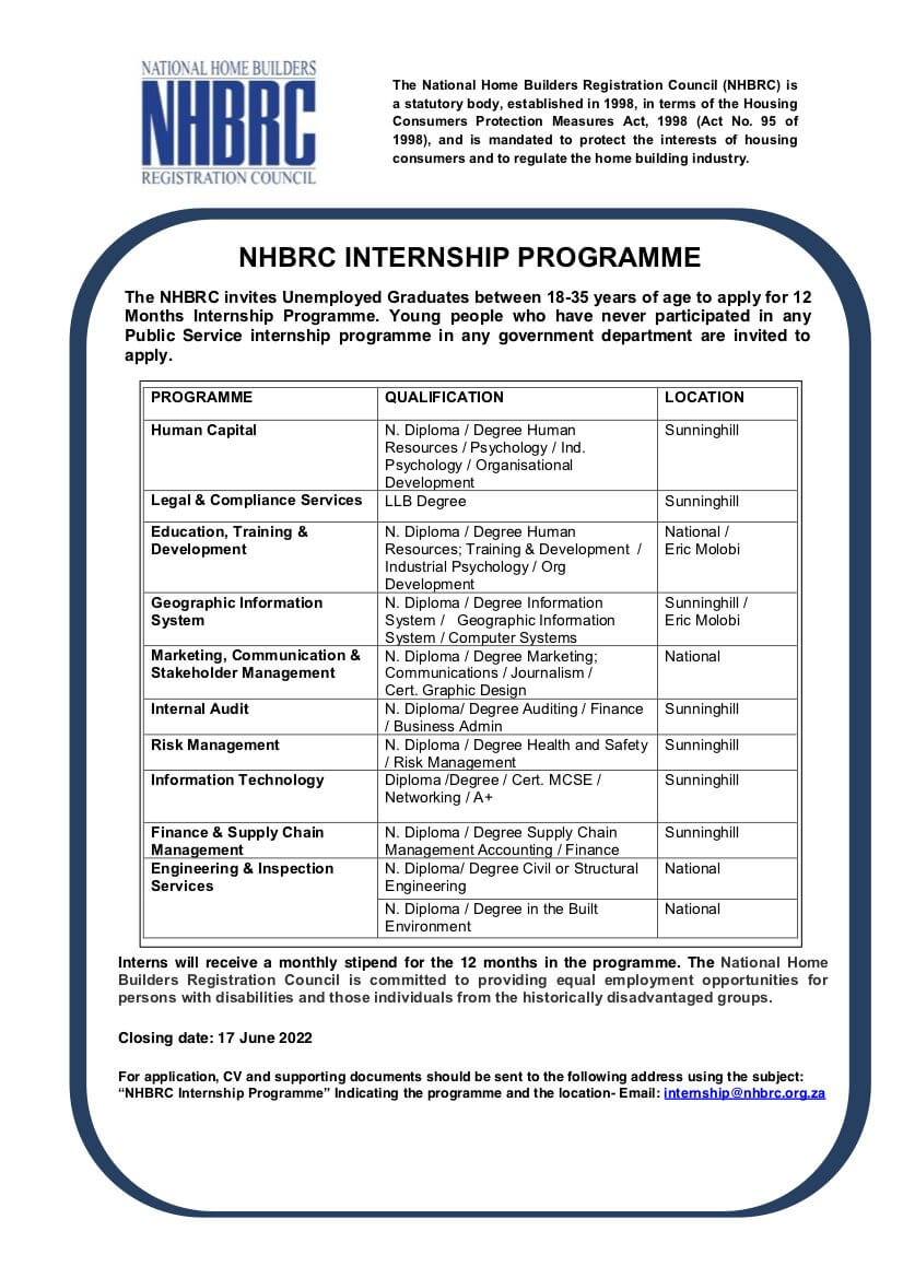 NHBRC: Internship Programme 2022 / 2023